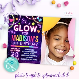 Neon Glow Party Editable Invitation With a Photo | Glow in the Dark Led ...