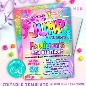 Girls Trampoline Park Birthday Invitation Editable Template | Rainbow ...