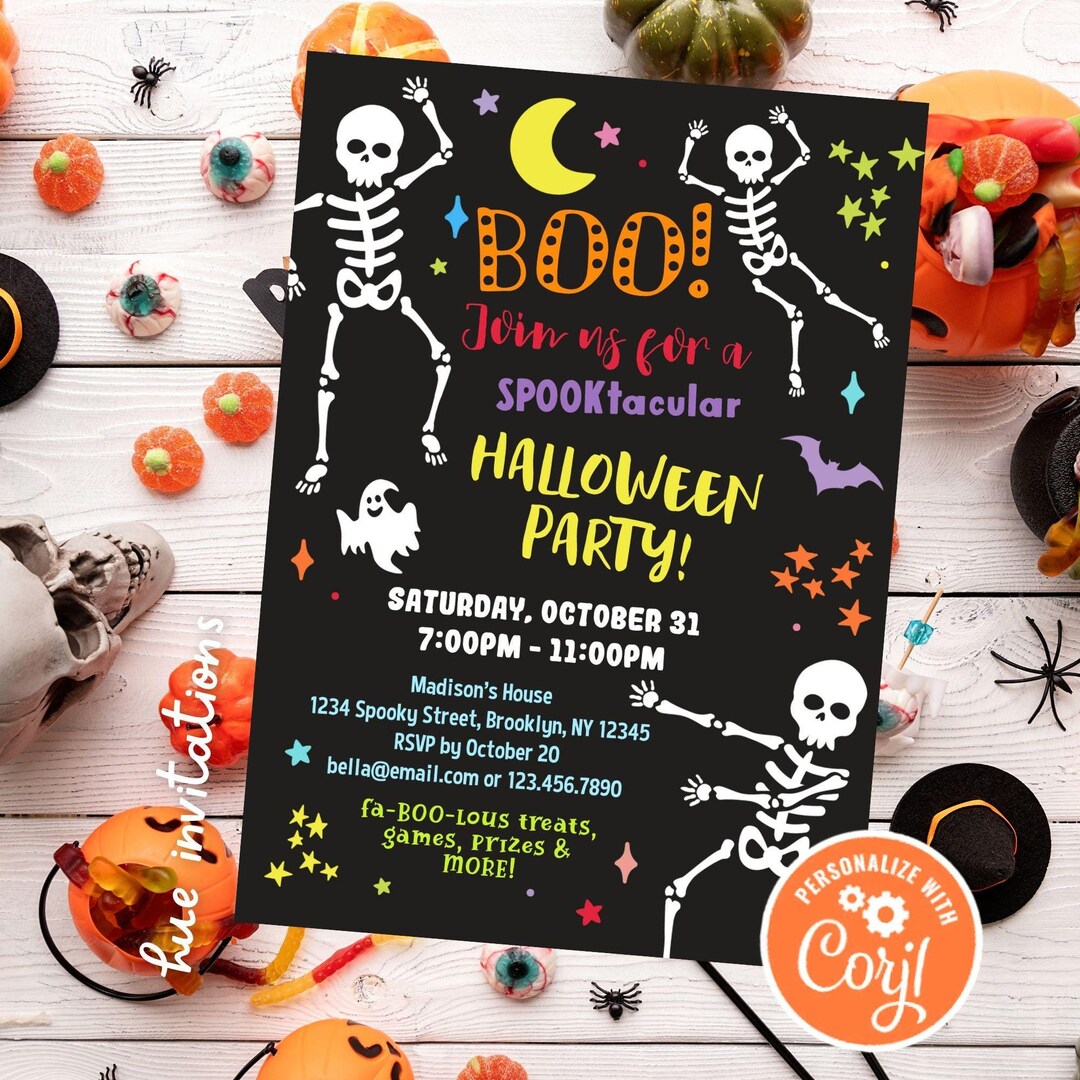 Skeleton Halloween Party Invitation | Cute Dancing Skeletons Halloween ...