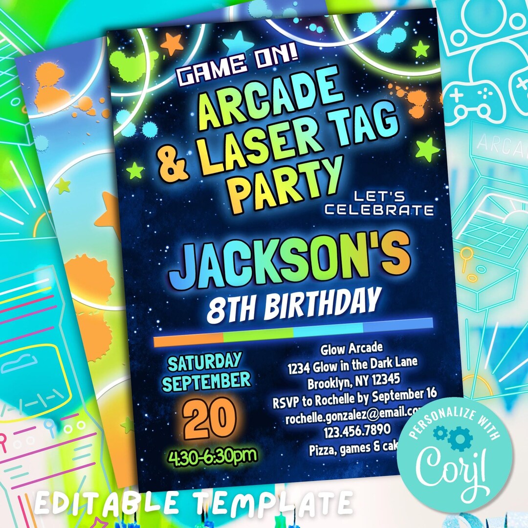 Boys Arcade Laser Tag Invitation Editable Template | Game on Glow ...