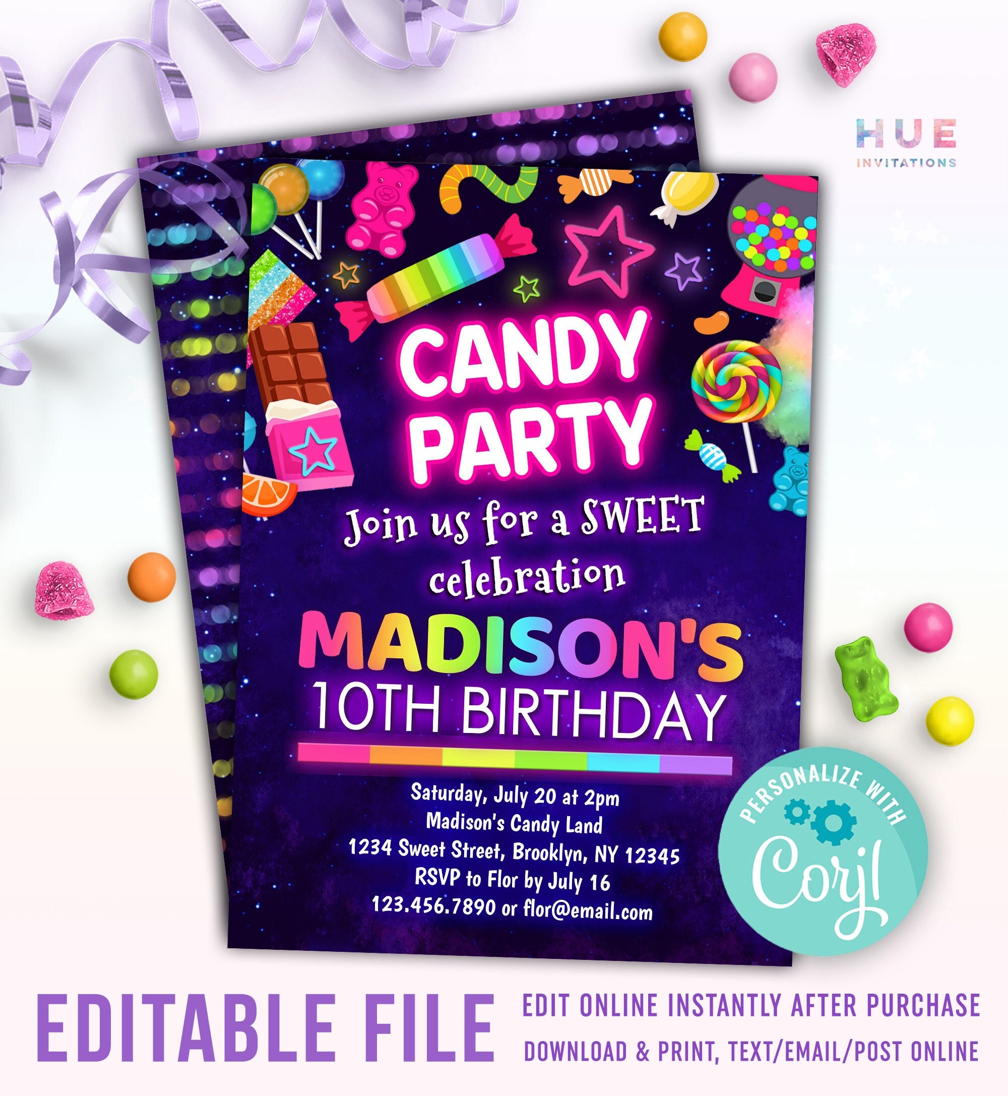 Candy Party Invitation Editable Template | Sweet Celebration Candy ...