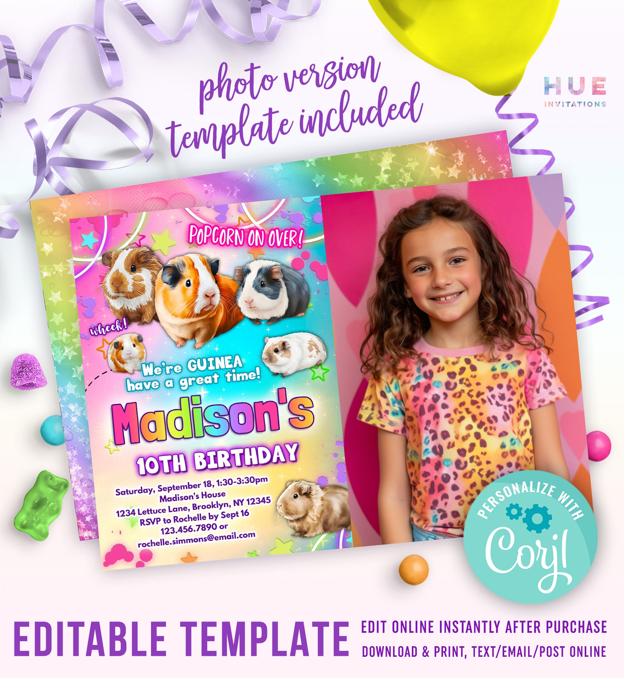Guinea Pig Birthday Party Invitation Editable Template | Girls Guinea ...
