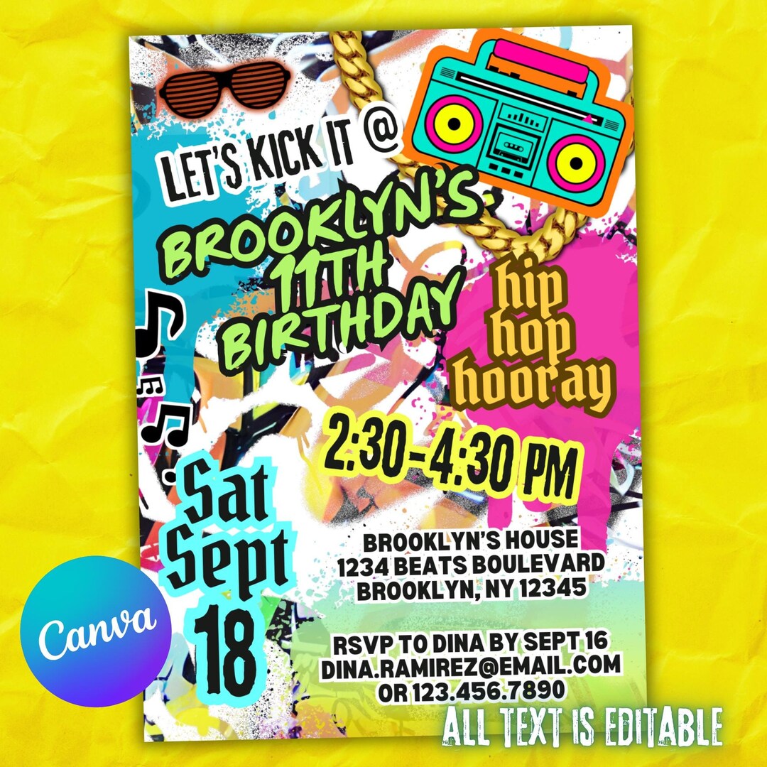 Hip Hop Birthday Party Invitation for Kids Editable With Canva | Retro ...
