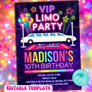 White Limo Party Invitation for Kids | Rainbow VIP Limousine Birthday ...