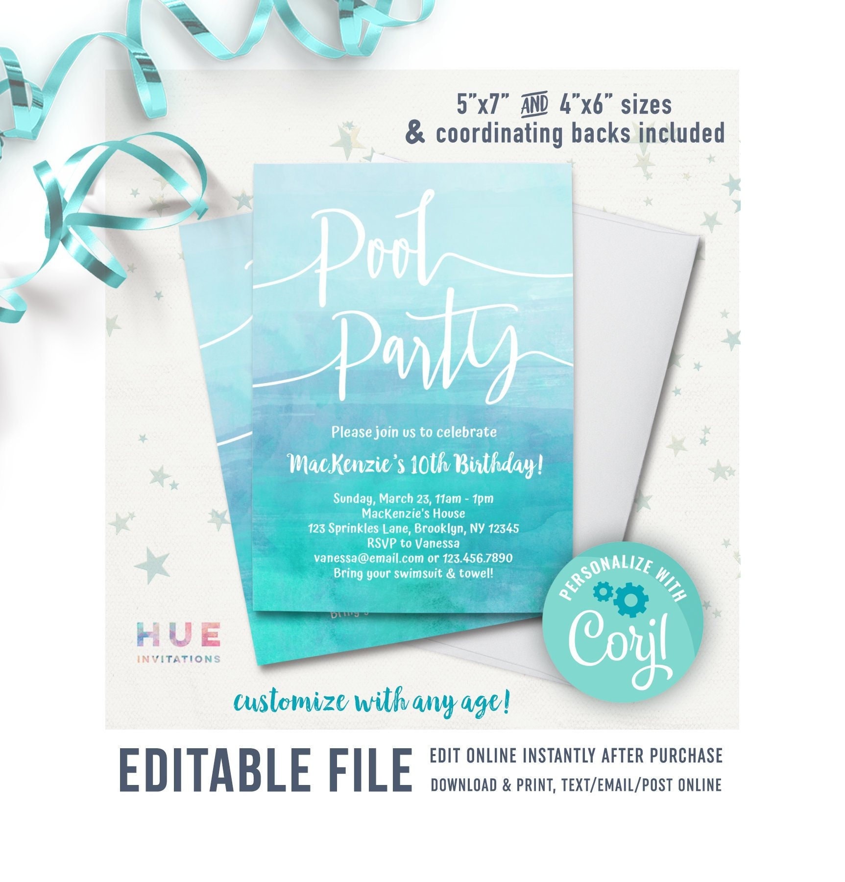 Invitations Paper Editable Pool Invitation Digital File Pool Template ...