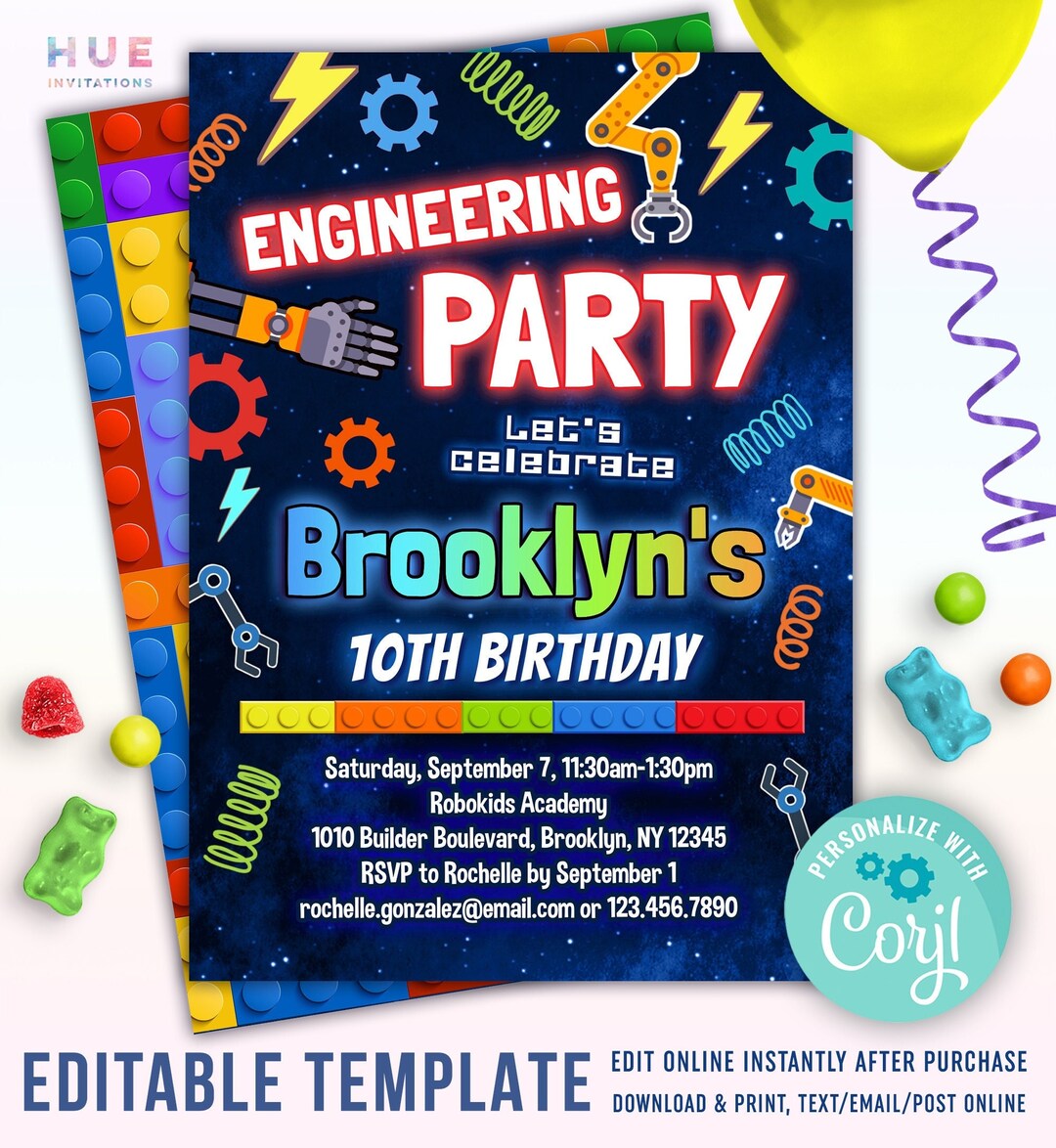 Engineering Party Birthday Invitation for Boys and Girls | Building ...