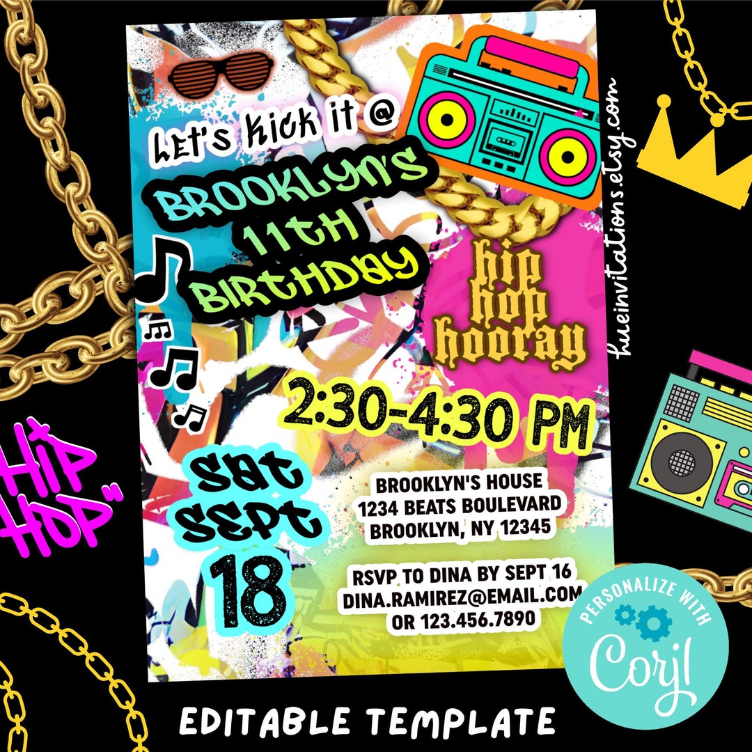 Retro Hip Hop Birthday Party Invitation for Kids | Back to the 90s Hip ...