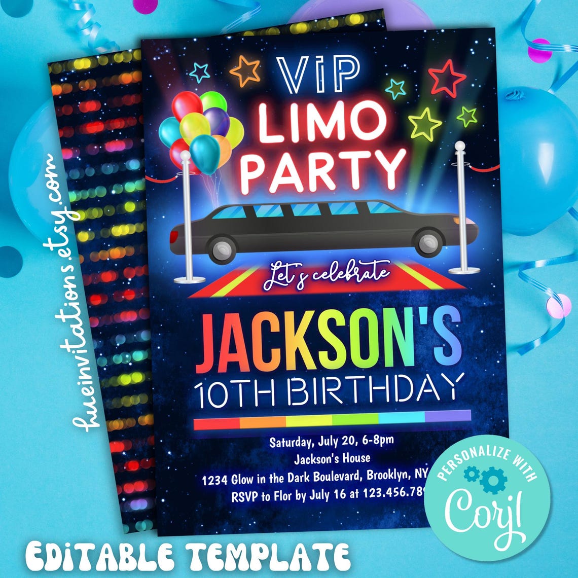 Boys Limo Party Invitation Editable Template | Neon Rainbow Colors VIP ...