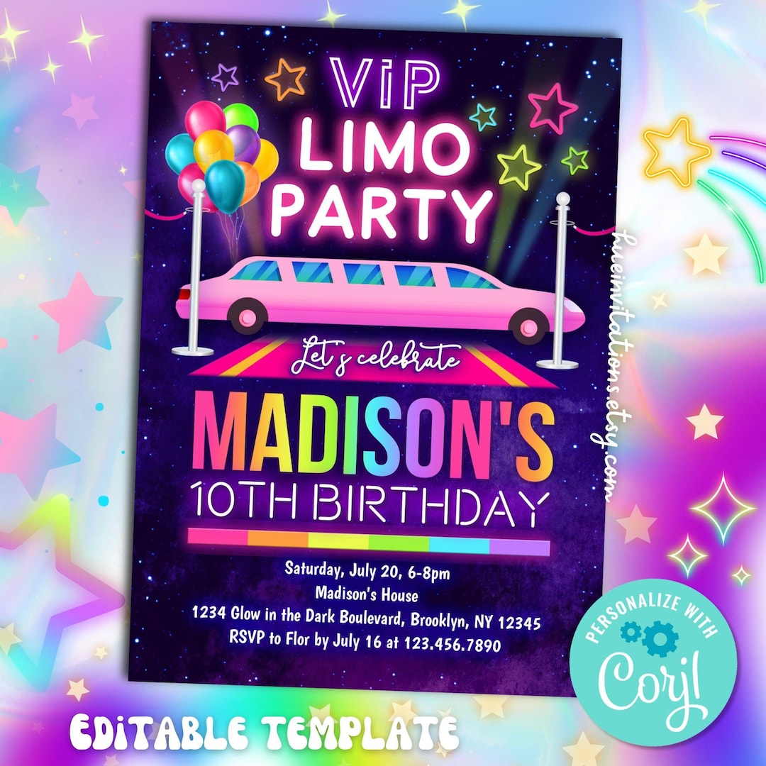 Pink Limo Party Invitation Editable Template | Rainbow VIP Limousine ...