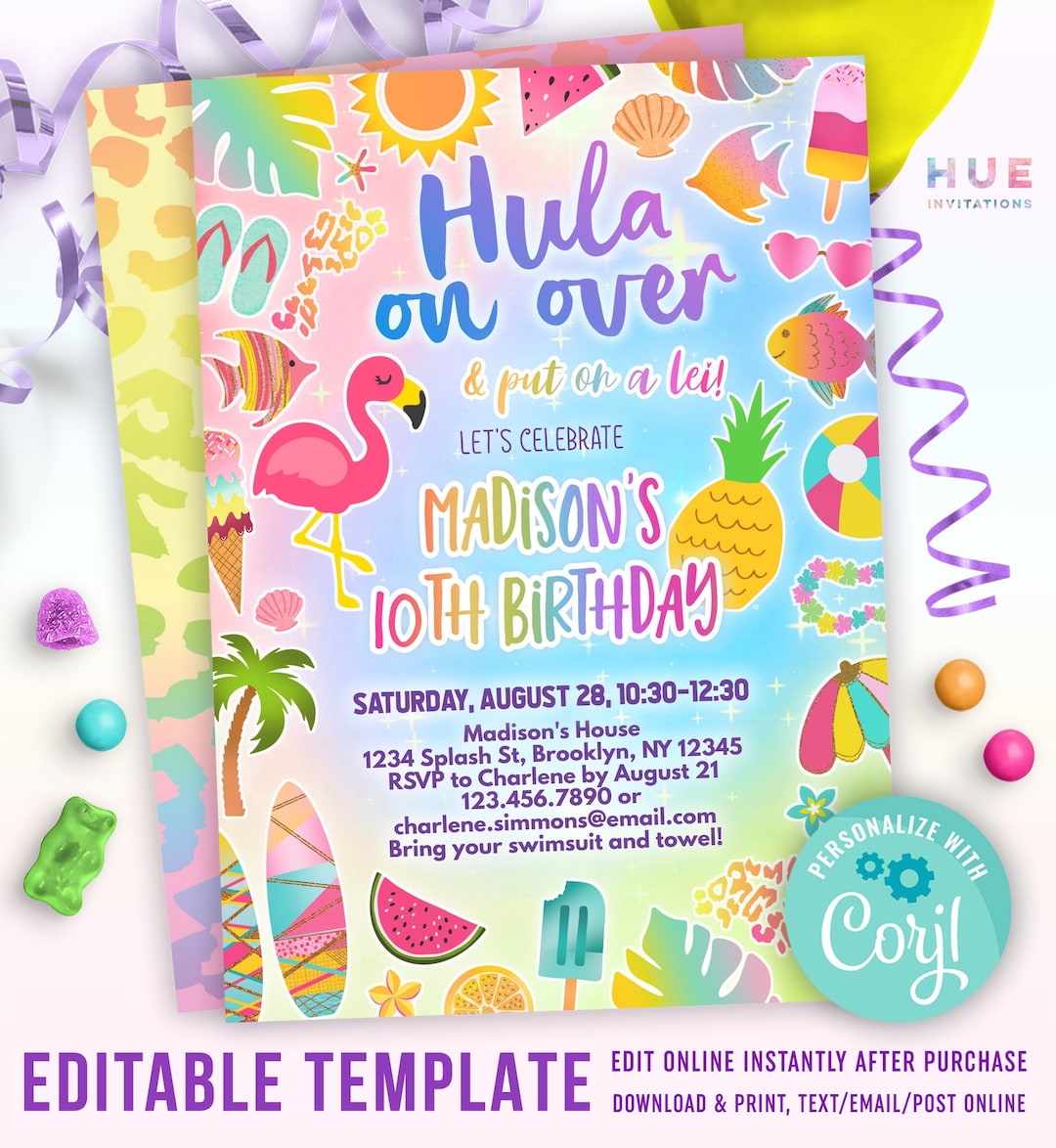 Hula on Over Birthday Invitation for Girls | Colorful Tropical Luau ...