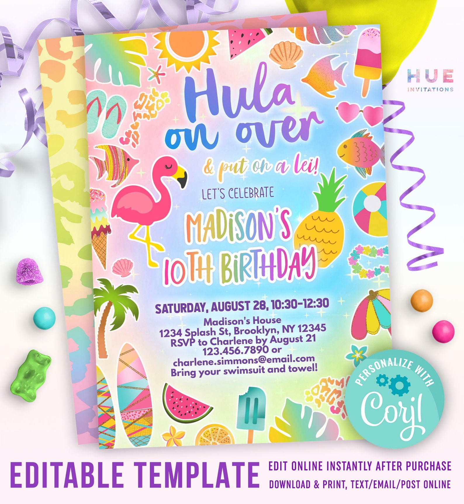 Hula on Over Birthday Invitation for Girls | Colorful Tropical Luau ...