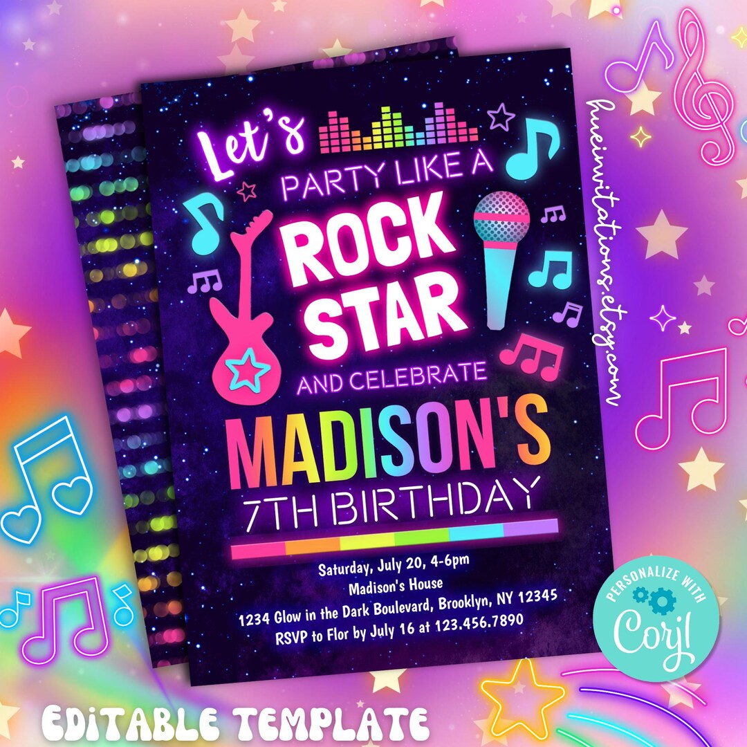 Rock Star Music Birthday Party Invitation Corjl Templates | Rainbow ...