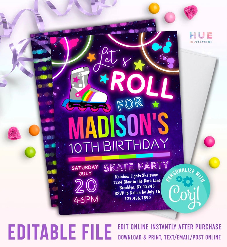 Rainbow Glow INLINE SKATE Birthday Party Invitation Template - Etsy