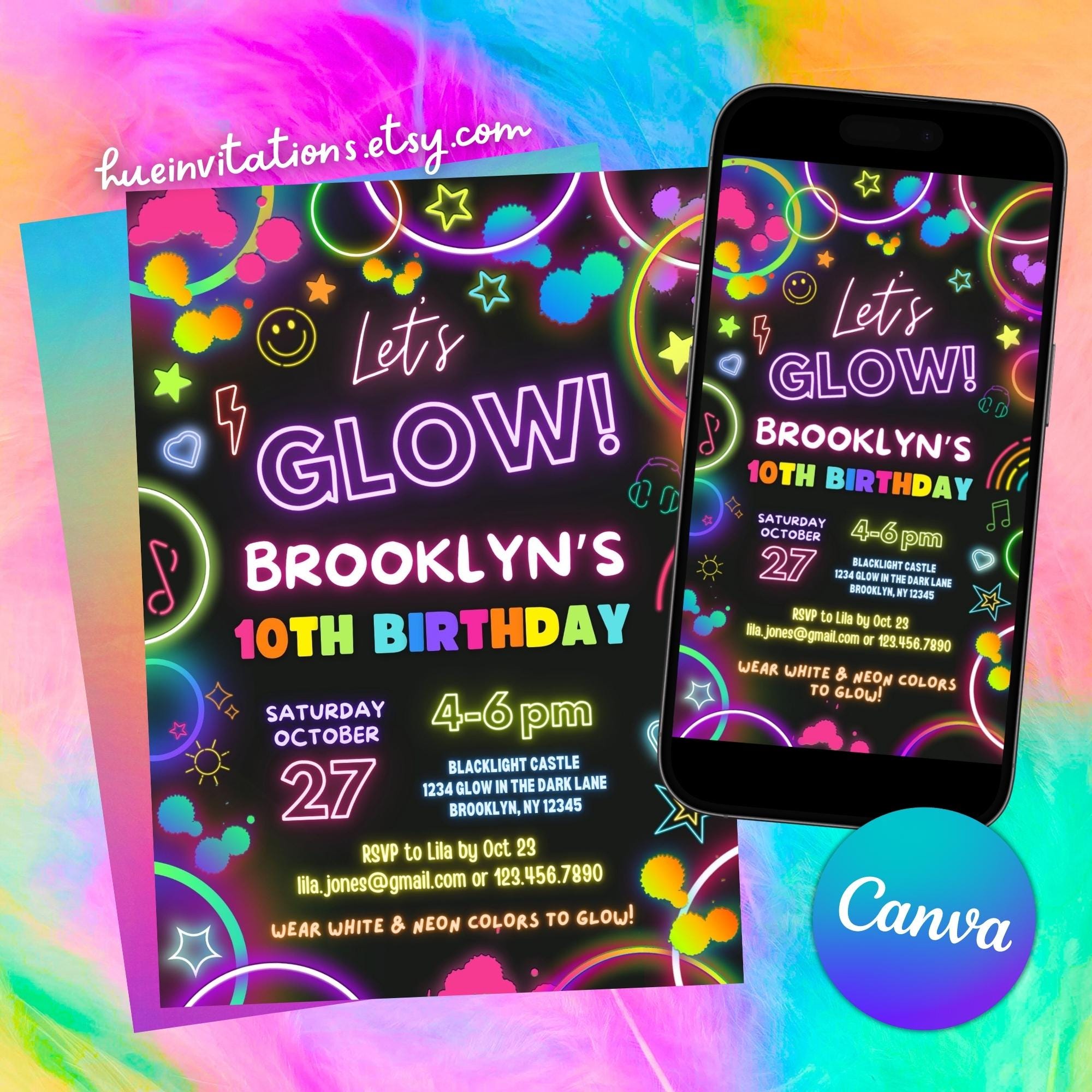 Neon Glow Party Invitation | Glow in the Dark Theme Birthday Invites ...