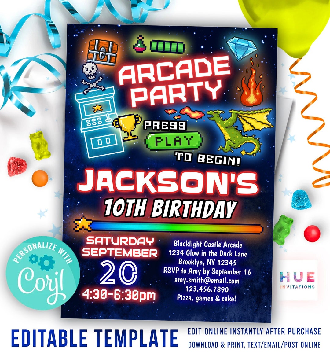 Retro Arcade Party Birthday Invitation Editable Template | Pixel Game ...