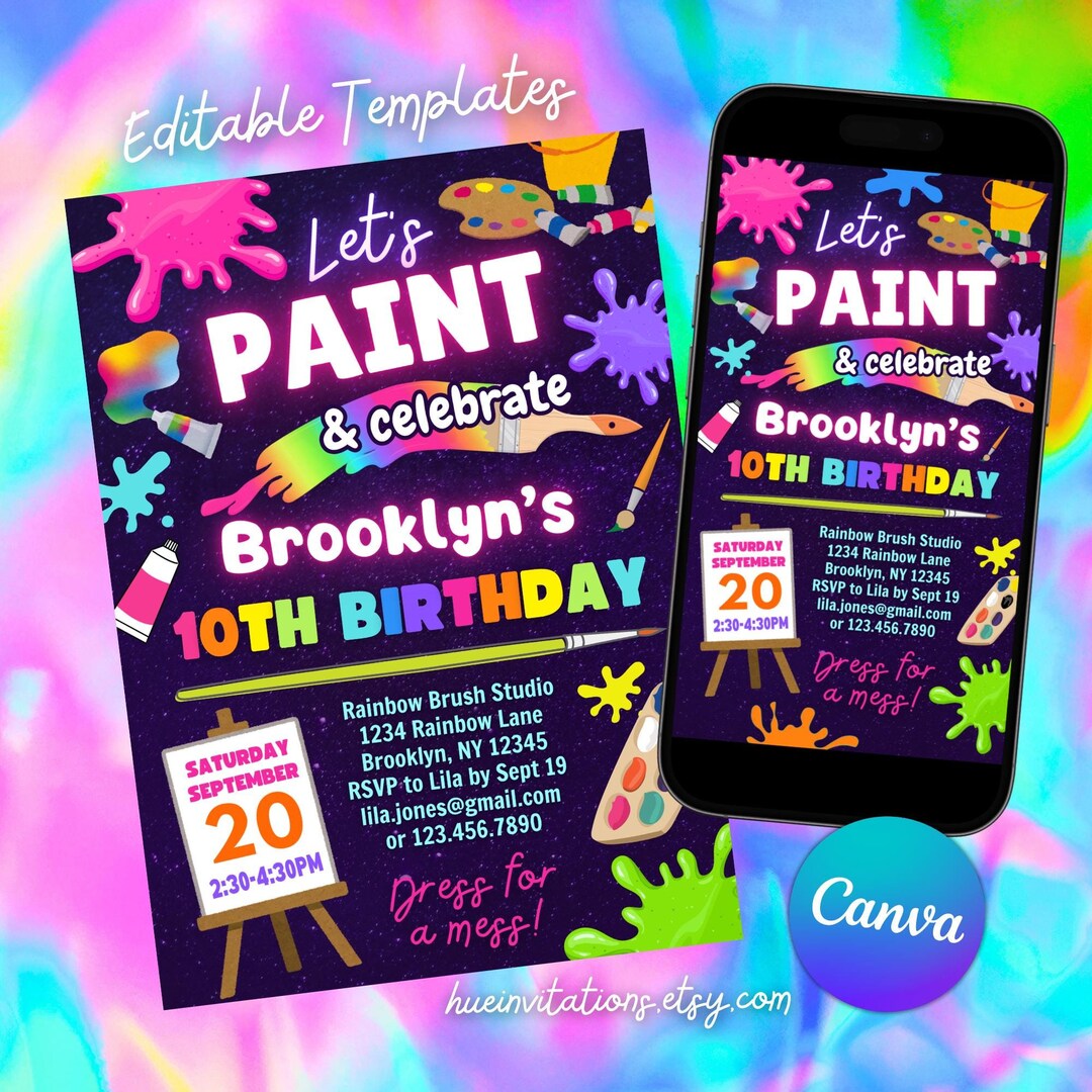 Paint Party Birthday Invitation for Girls Editable With Canva | Paint ...