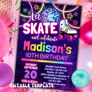 Roller Disco Party Birthday Invitation Editable Template | Rainbow Glow ...