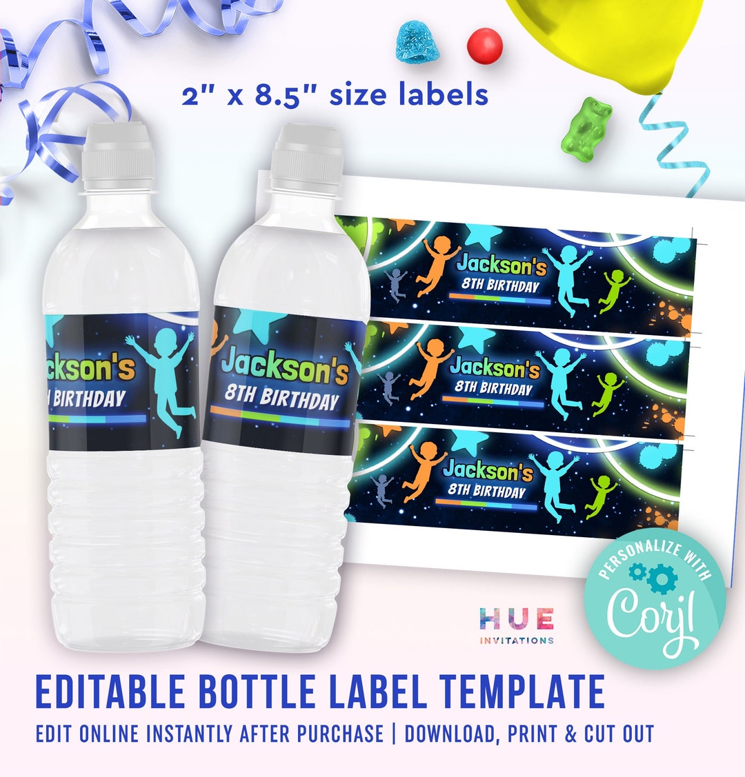 Boys Jump Party Water Bottle Labels Editable Template | Glow Jump ...