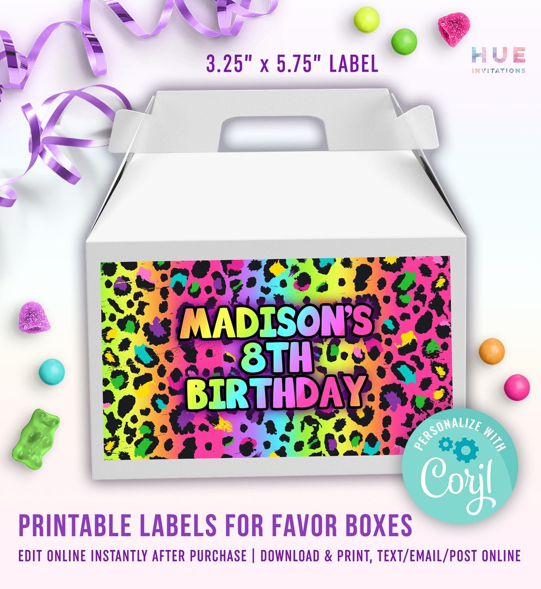 Neon Rainbow Leopard Print Favor Box Labels Template | Leopard Party ...