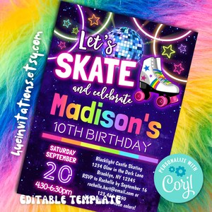 Roller Disco Party Birthday Invitation Editable Template | Rainbow Glow ...