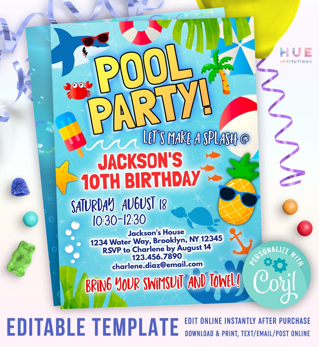 Boys Pool Party Invitation | Shark and Pineapple Pool Party Birthday ...