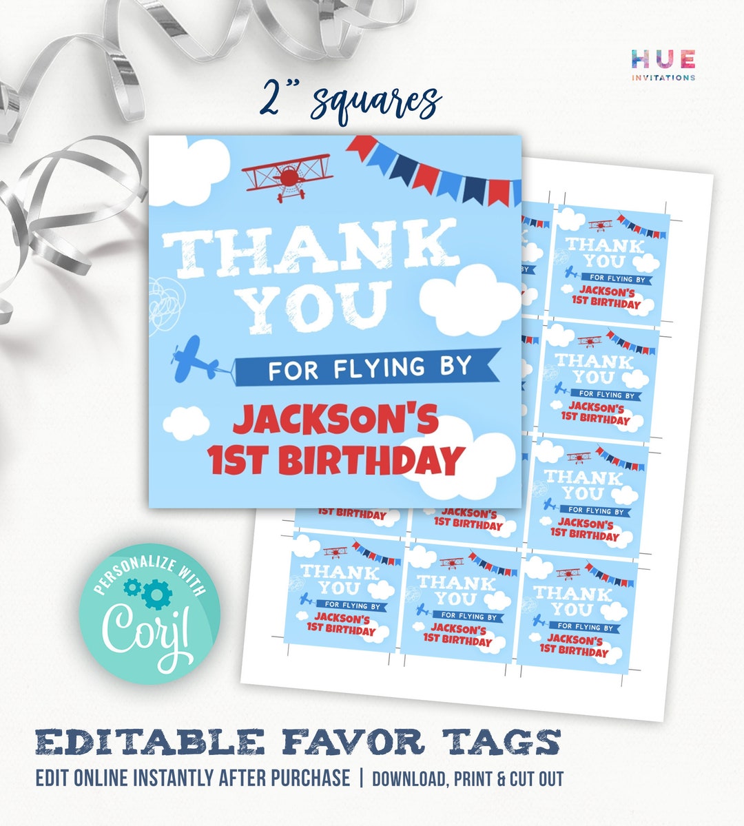 Airplane Birthday Party Favor Tags Editable on Corjl | Boys Plane 1st ...