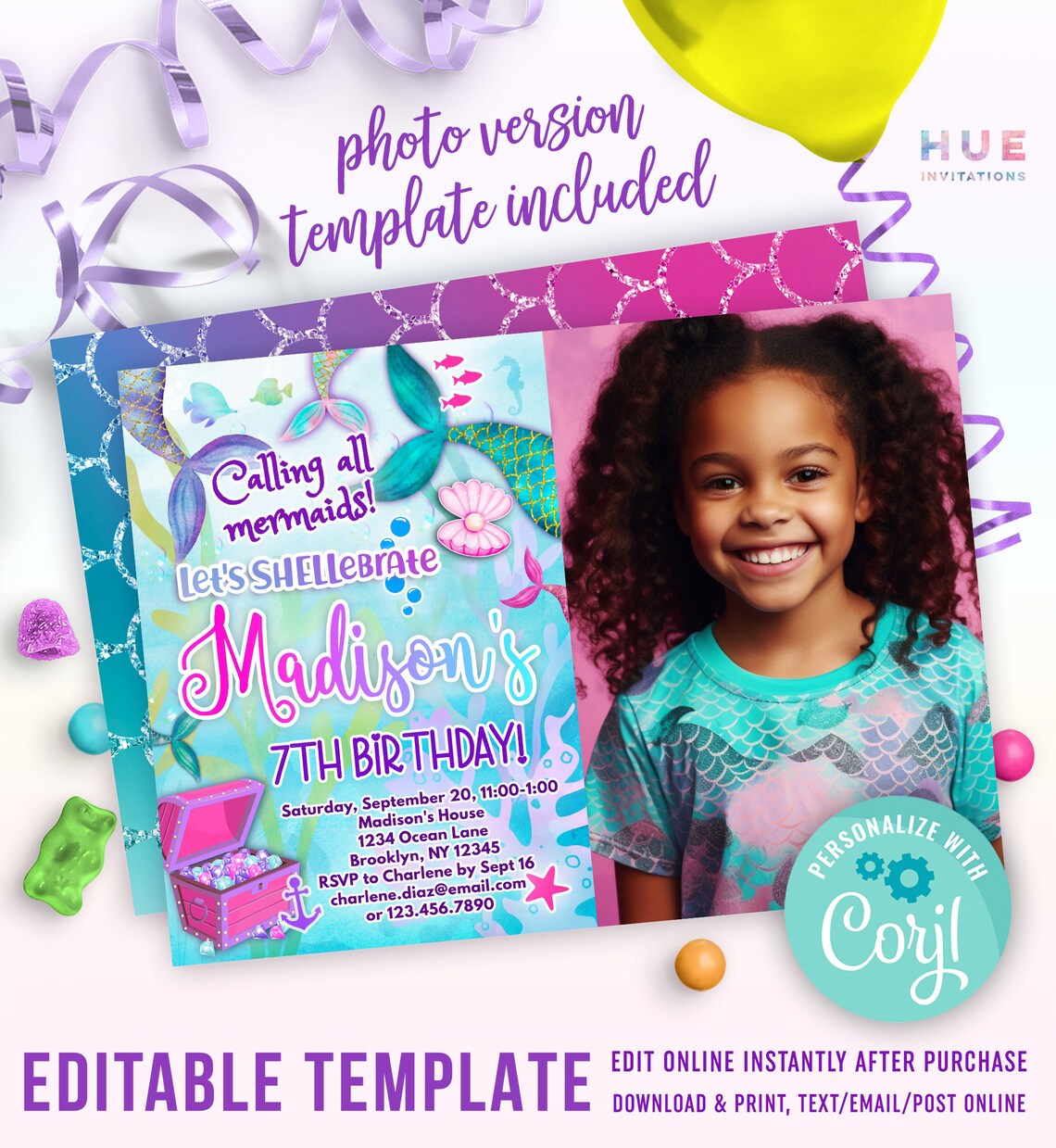 Cute Mermaid Party Invitation Editable Template | Mermaids Theme ...