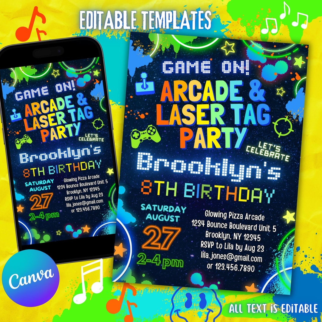 Arcade and Laser Tag Birthday Party Invitation Editable With Canva ...
