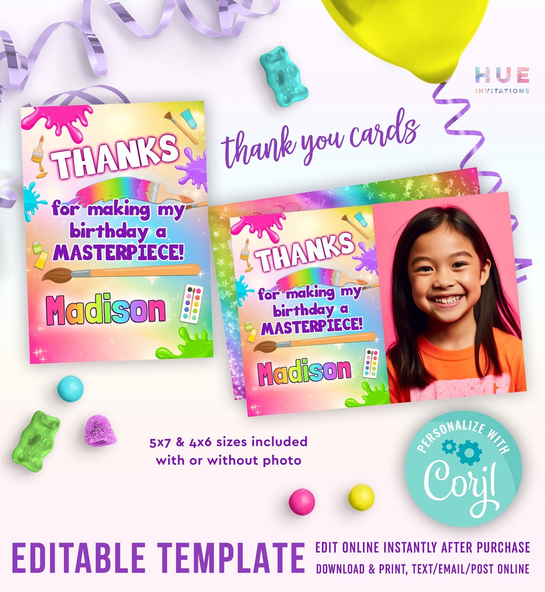 Rainbow Paint Party Thank You Cards Editable Templates | Paint ...
