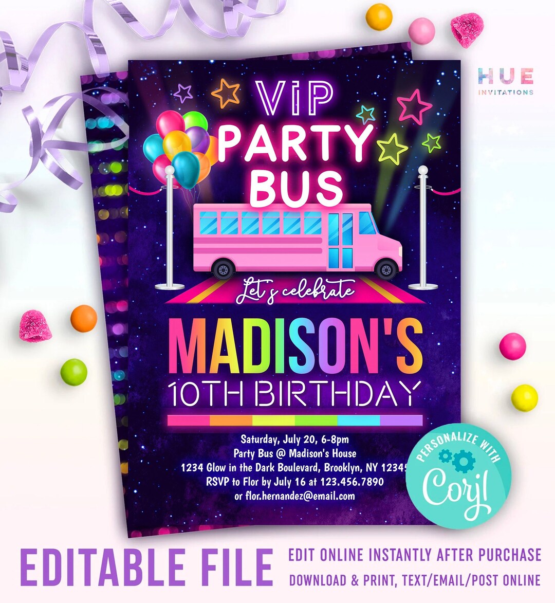 VIP Party Bus Invitation Editable Template Rainbow Pink Party Bus ...