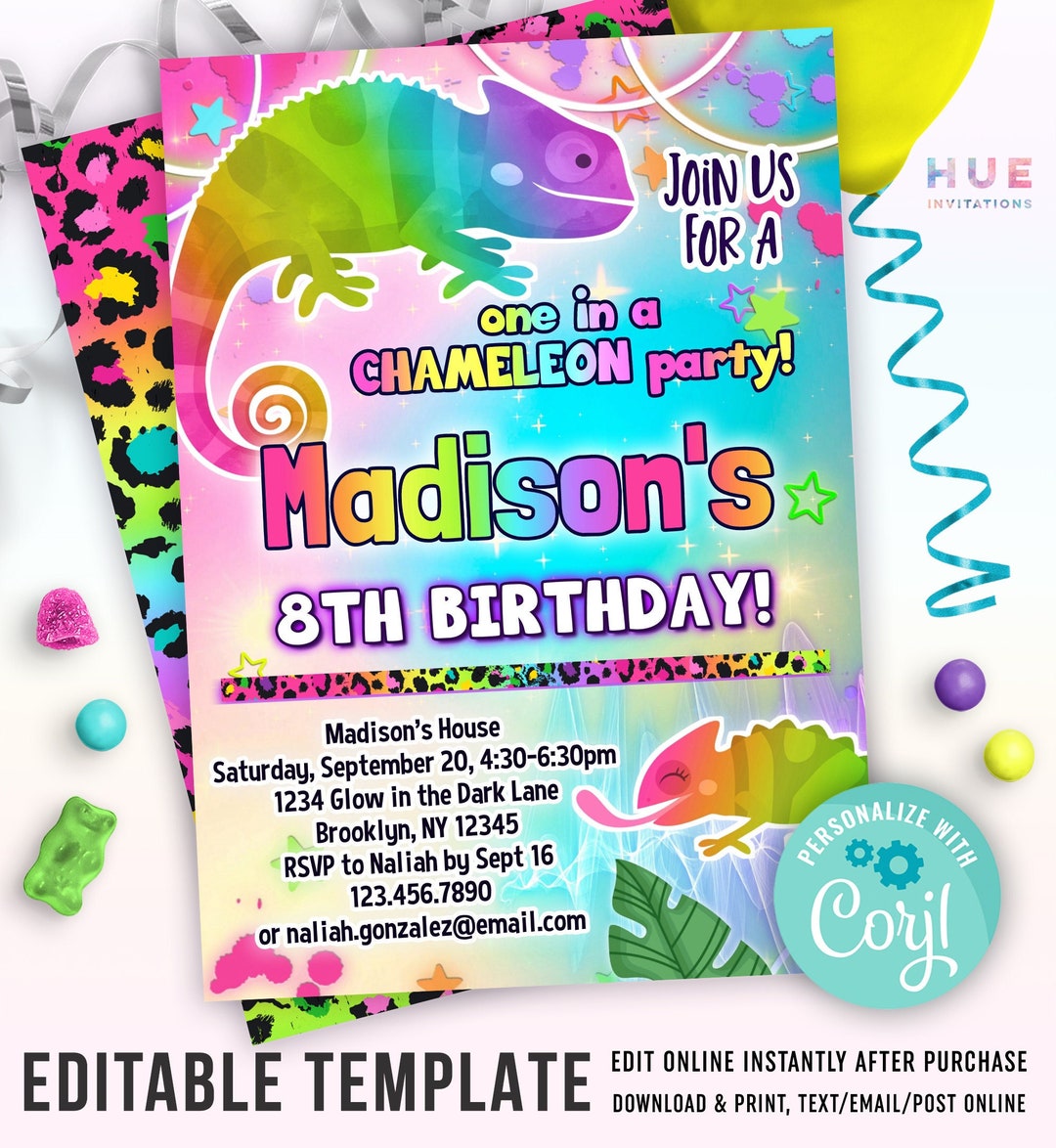 Rainbow Chameleon Birthday Party Invitation | Chameleon Theme Party ...