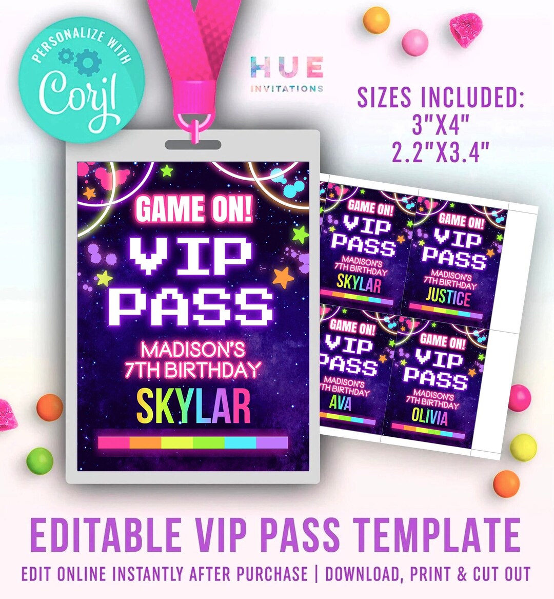 Girls Arcade Party VIP Pass Printable Template for Lanyards | Game on ...