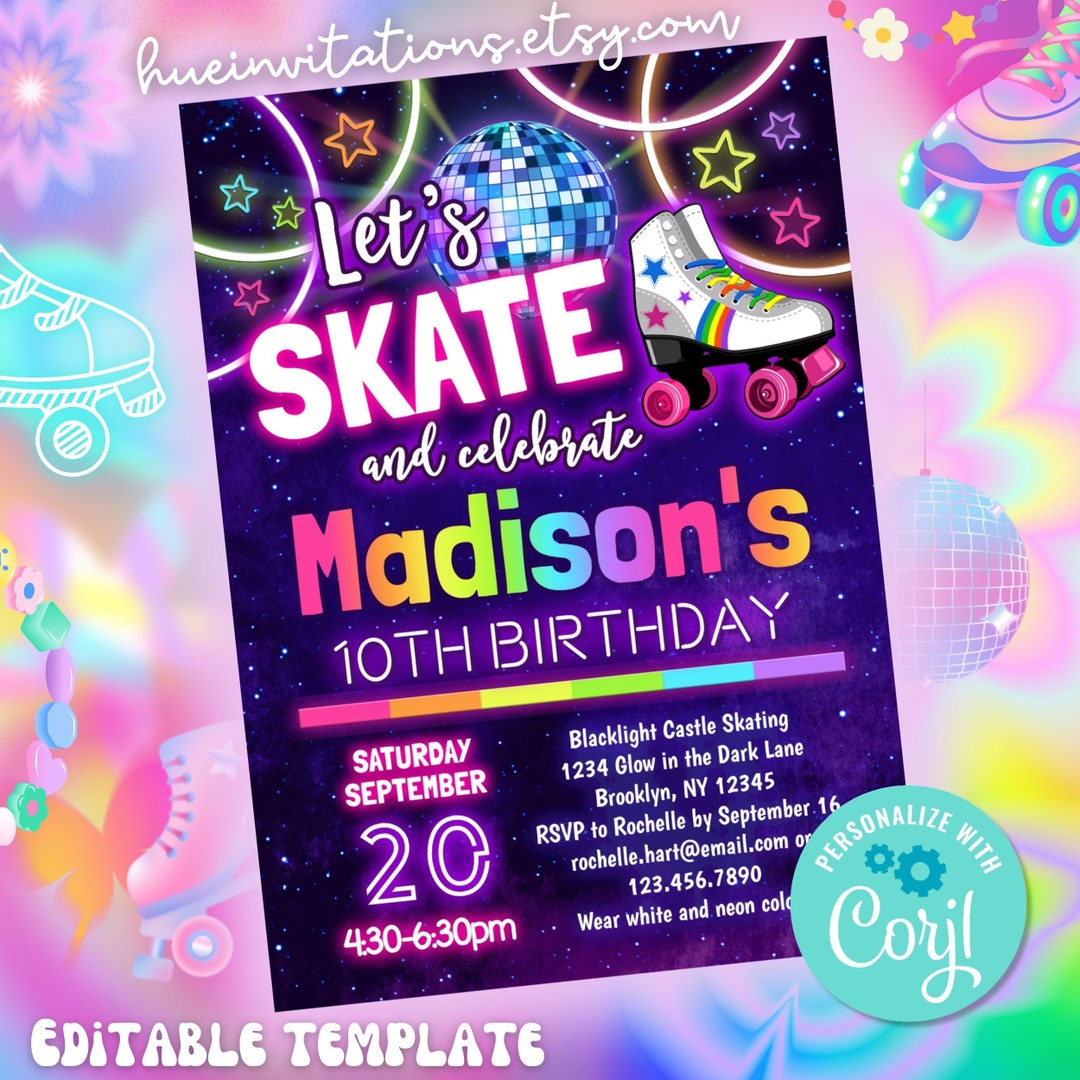 Roller Disco Party Birthday Invitation Editable Template | Rainbow Glow ...