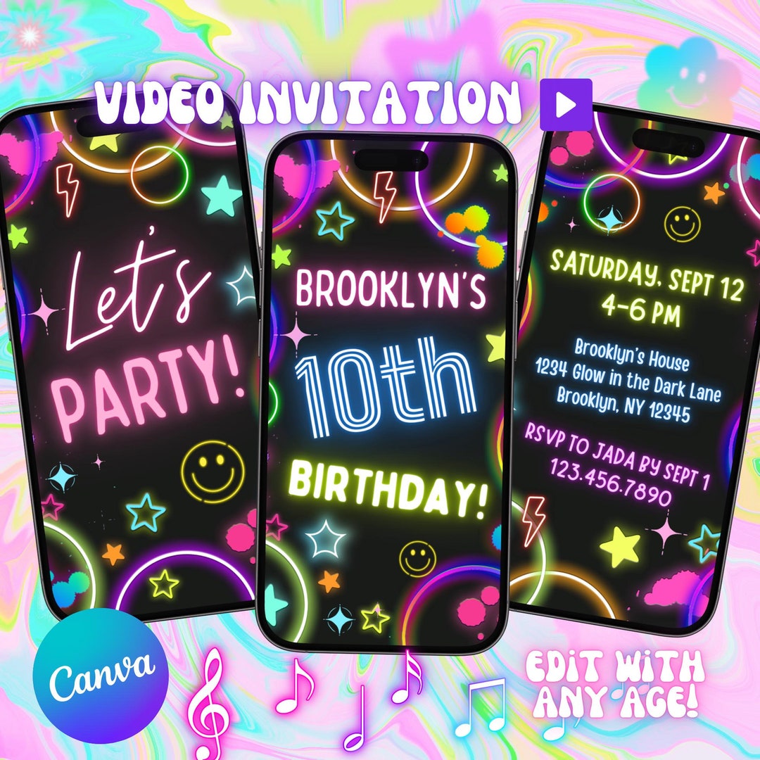 10th Birthday VIDEO Invitation for Girls | Neon Colors Party Invite ...
