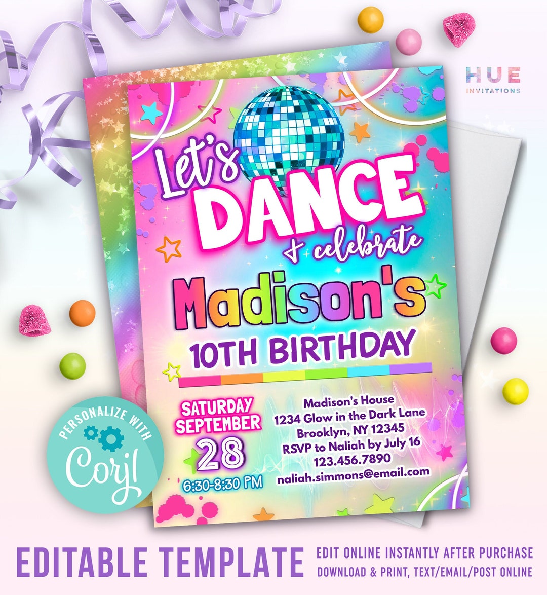 Girls Rainbow Dance Party Birthday Invitation Editable Template ...
