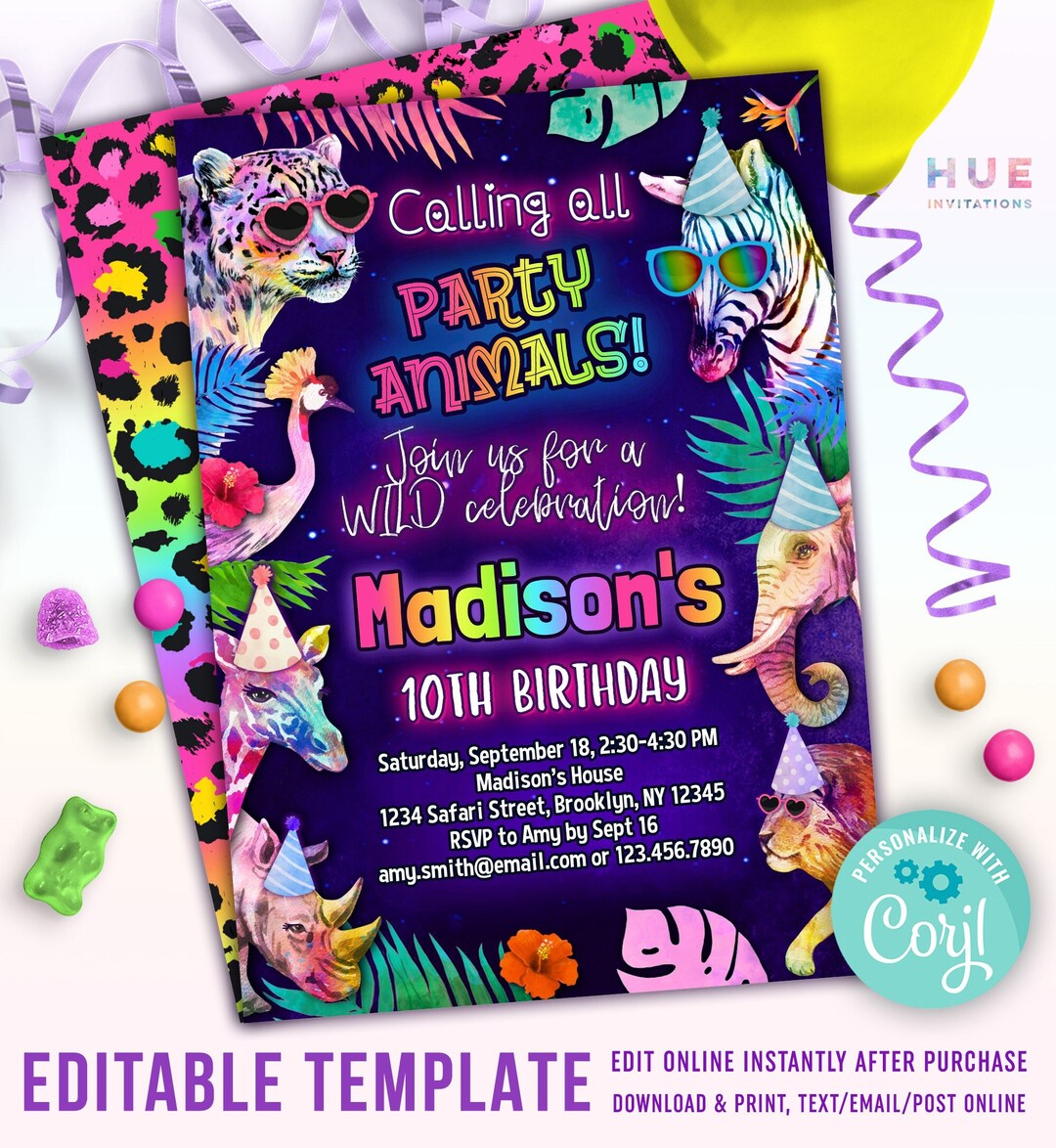 Girls Party Animals Birthday Invitation Editable Template - Etsy