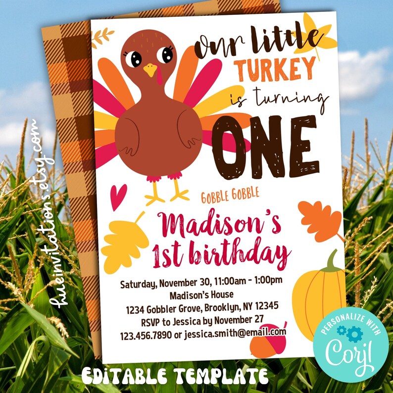Turkey 1st Birthday Invitation Editable Template | ONE Thanksgiving ...