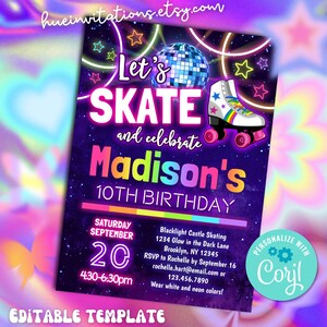 Roller Disco Party Birthday Invitation Editable Template | Rainbow Glow ...