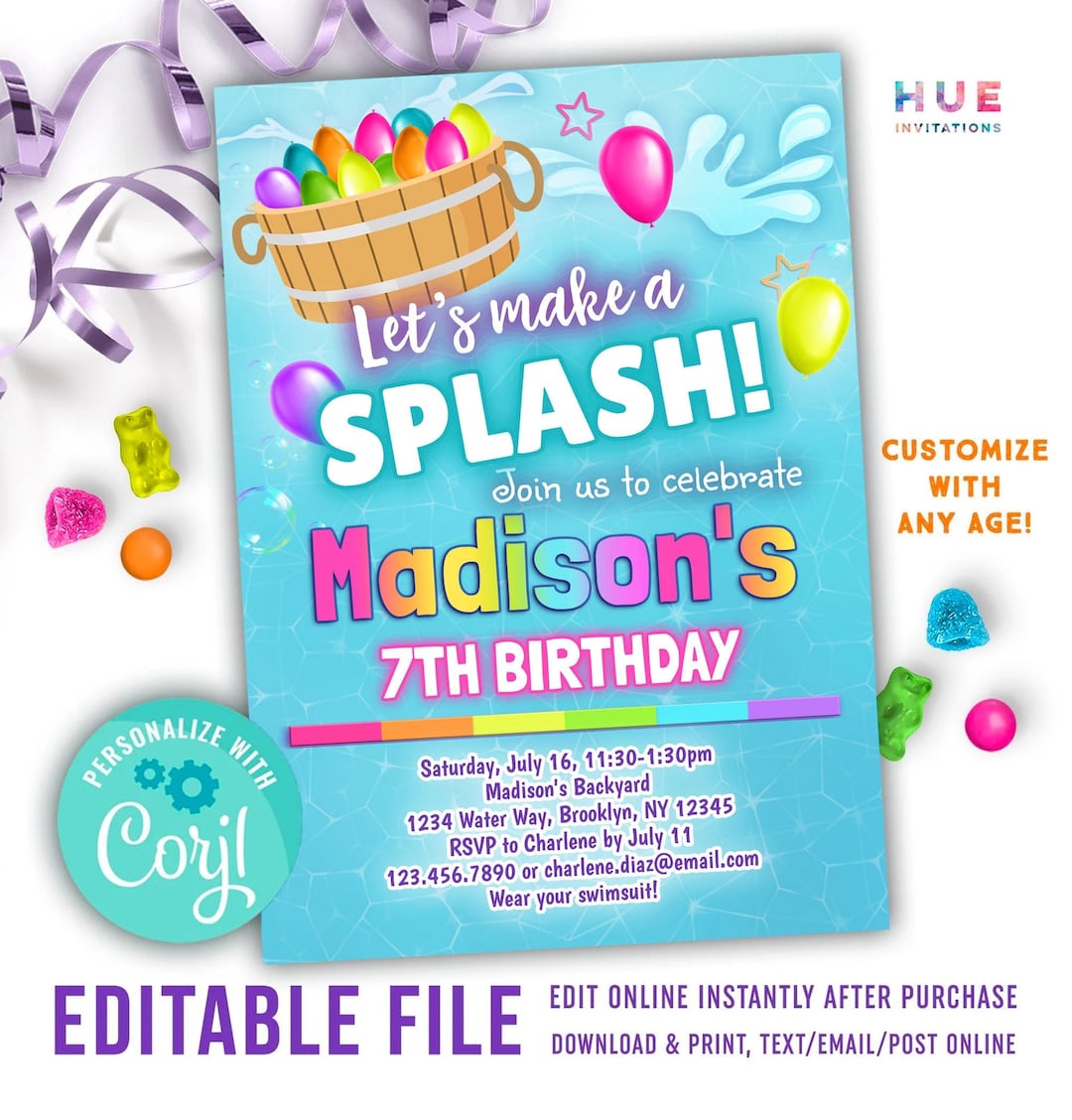 Girls Water Balloon Party Invitation Template Let's Make a Splash ...