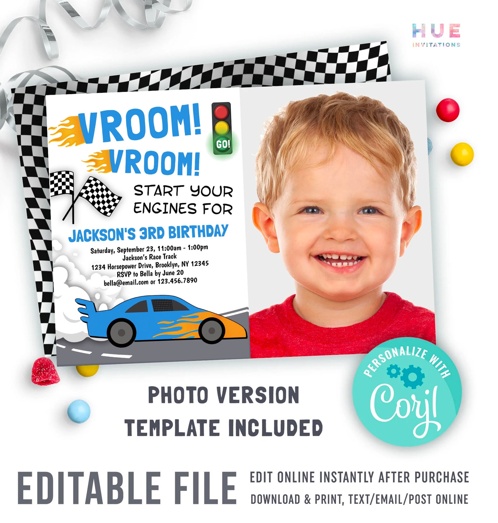Blue Race Car Birthday Invitation Template You Edit Yourself - Etsy
