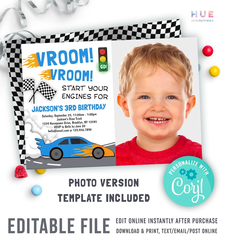 Blue Race Car Birthday Invitation Template You Edit Yourself - Etsy