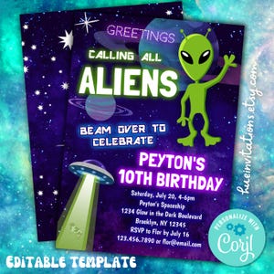 Ufo Alien Birthday Party Invitation Editable Template | Outer Space ...
