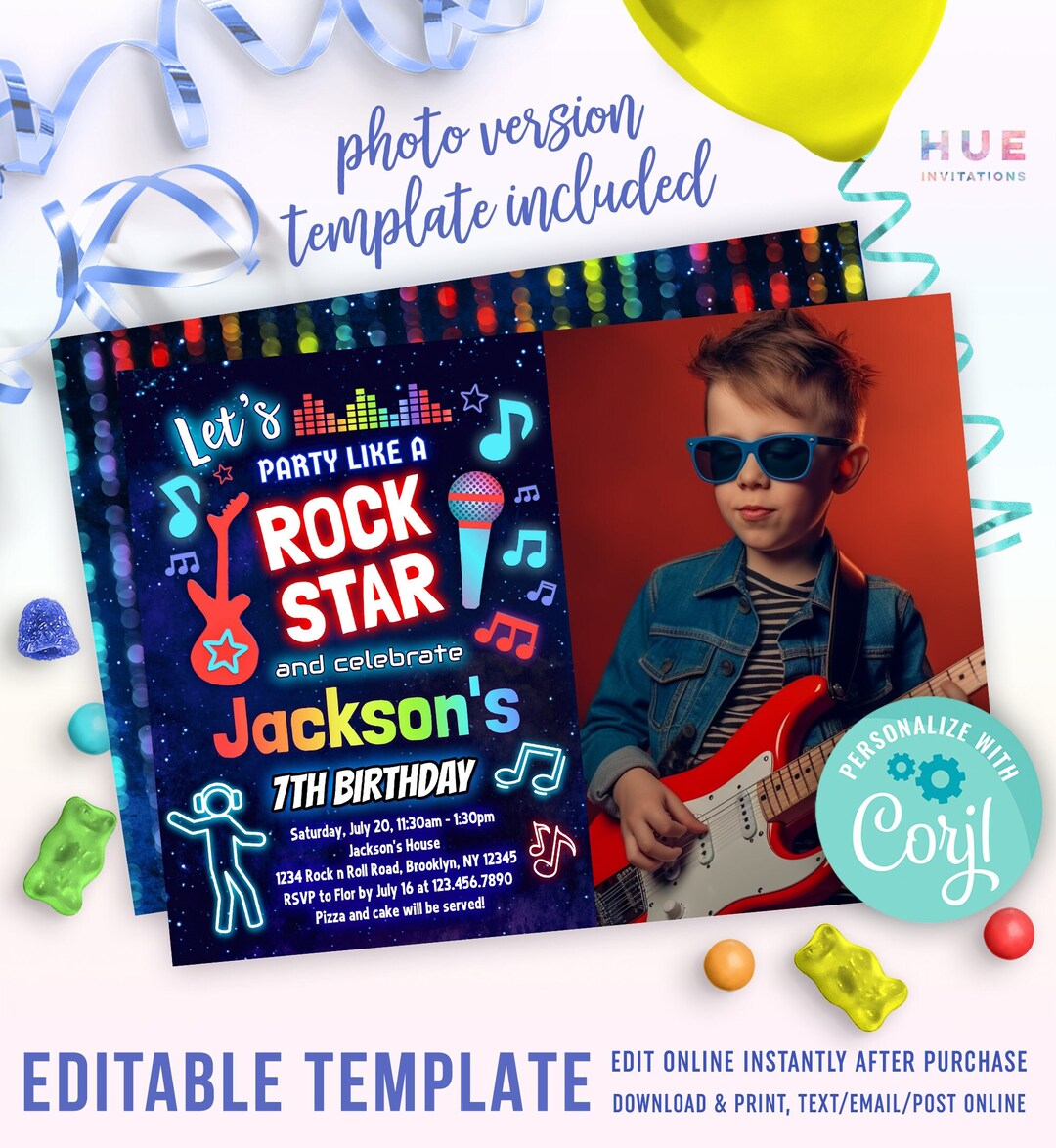 Rock N Roll Birthday Party Invitation for Boy | Rainbow Rock Star Theme ...