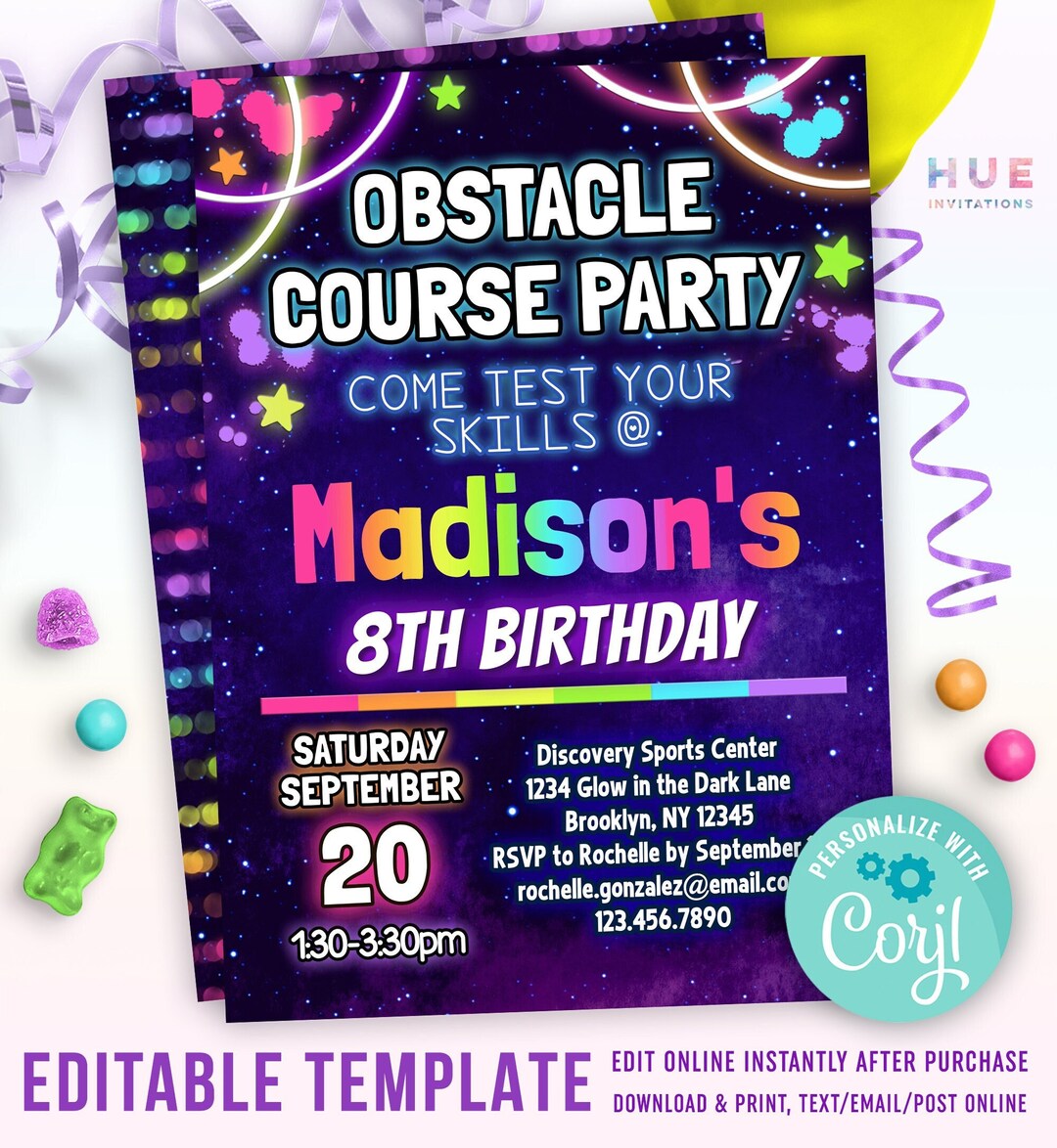Girls Obstacle Course Birthday Invitation Editable Template | Backyard ...