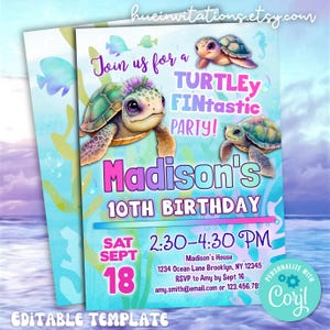 Cute Sea Turtle Birthday Party Invitation | Turtle-y Fin-tastic Sea ...