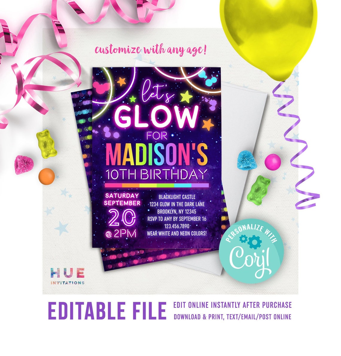Neon Glow Party Editable Invitation With a Photo Glow in the - Etsy