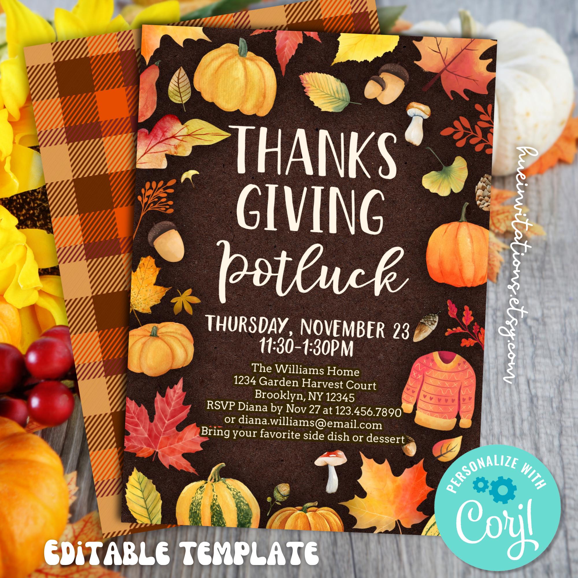 Cute Thanksgiving Potluck Invitation Editable Template | Fall Leaves ...