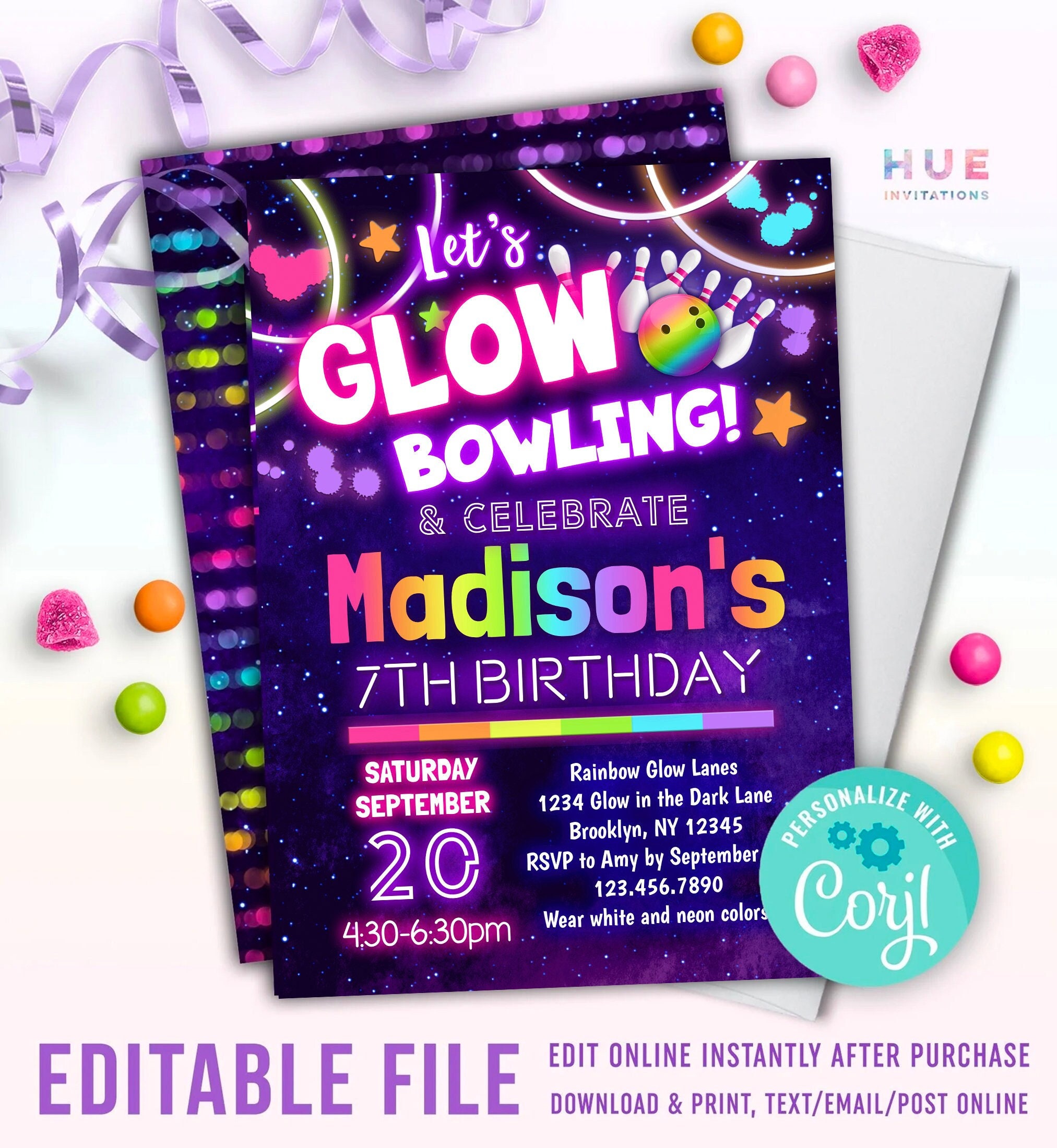 Glow Bowling Birthday Invitations Printable Neon Bowling Birthday
