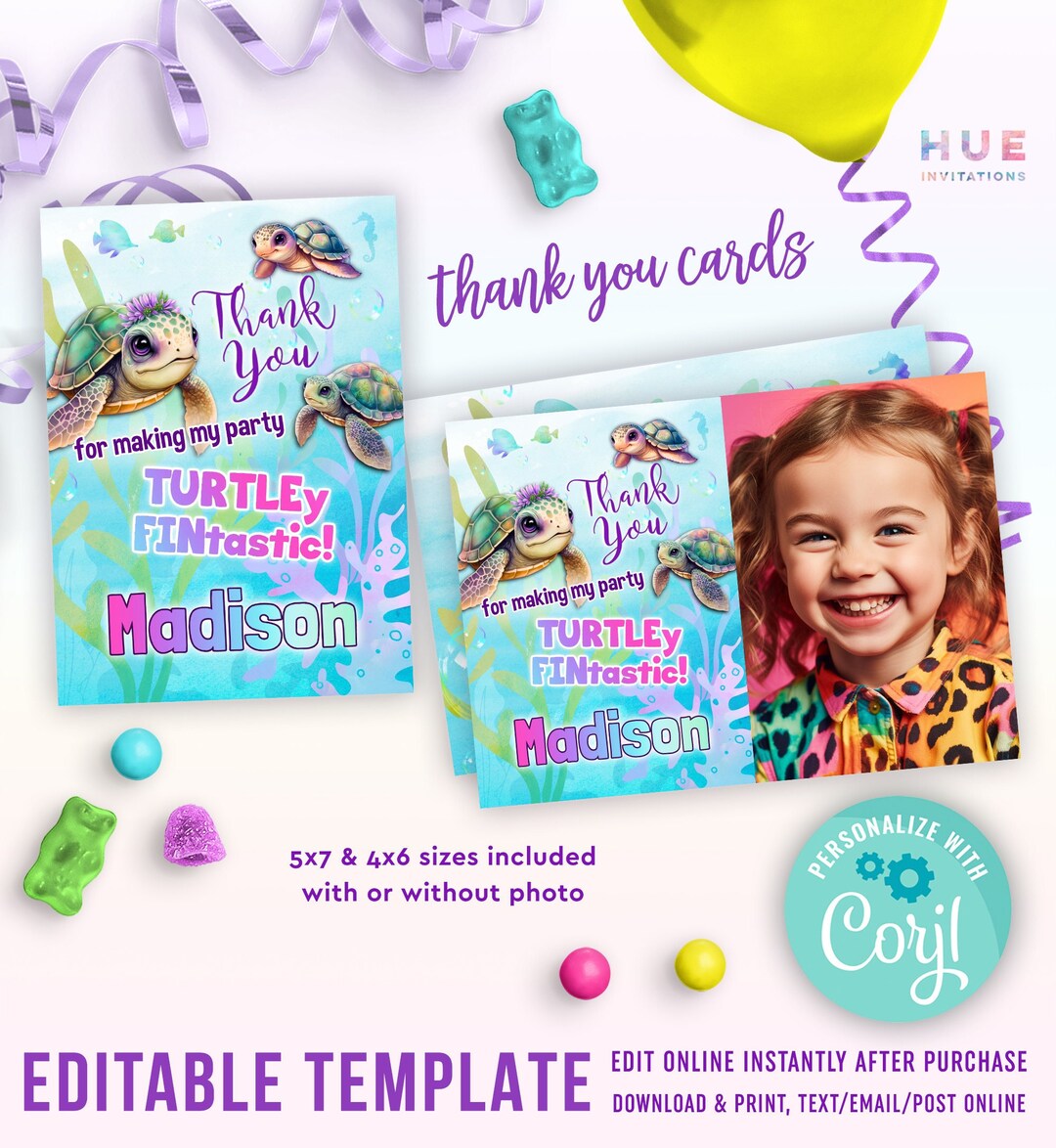 Cute Sea Turtle Birthday Party Thank You Cards Editable Template ...