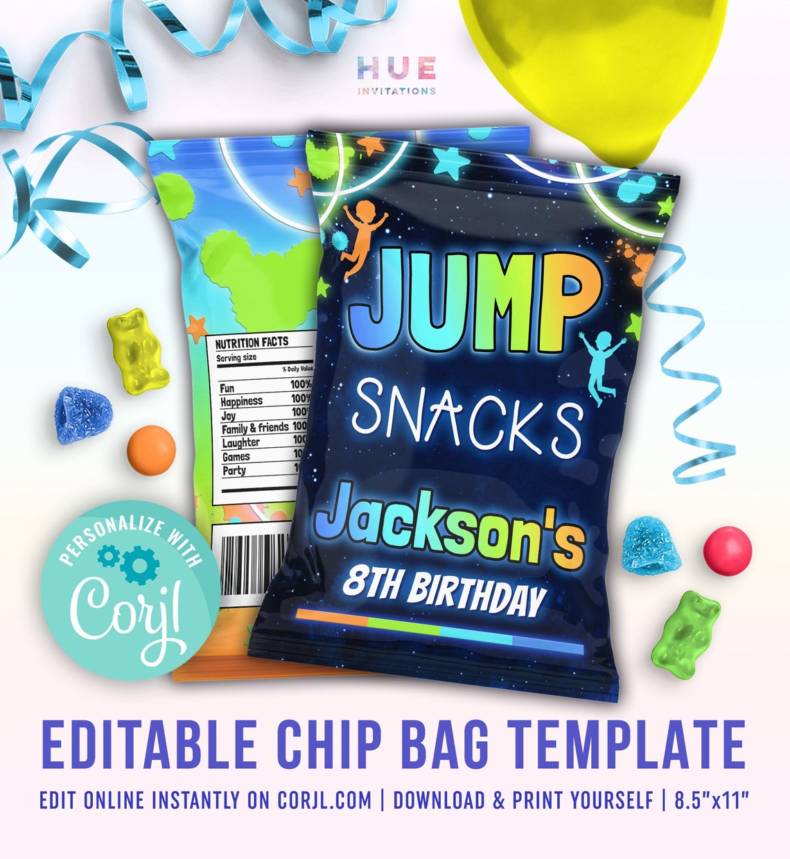 Boys Jump Party Chip Bag Labels Editable Template | Glow Jump Tumble ...